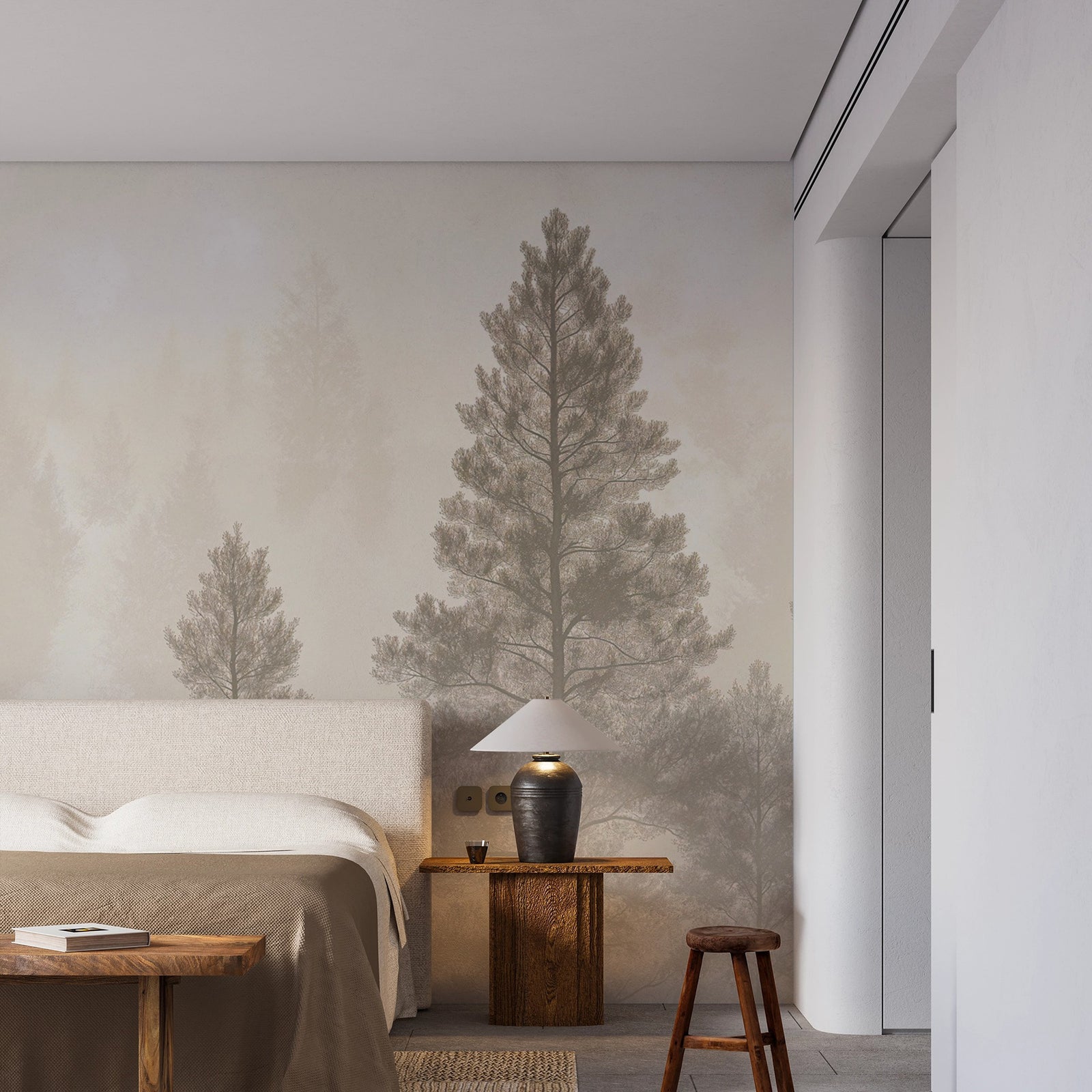 Beige Monochrome Pine Forest Mural - Minimalist Foggy Forest Wallpaper