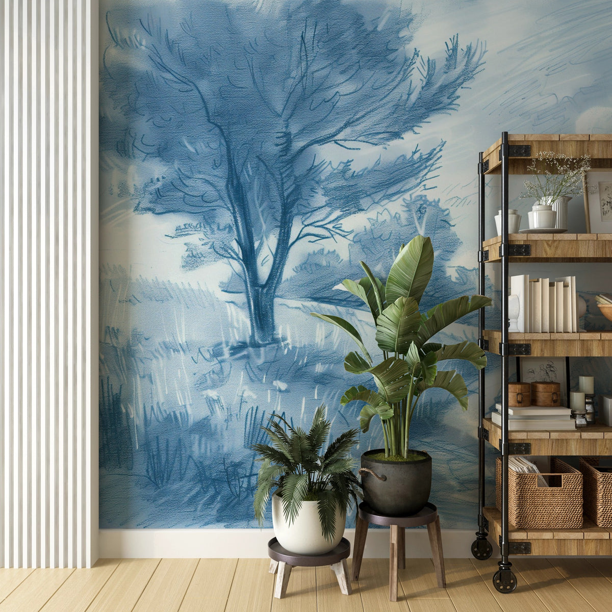 Blue Monochrome Field Mural - Toile De Jouy Landscape Wallpaper