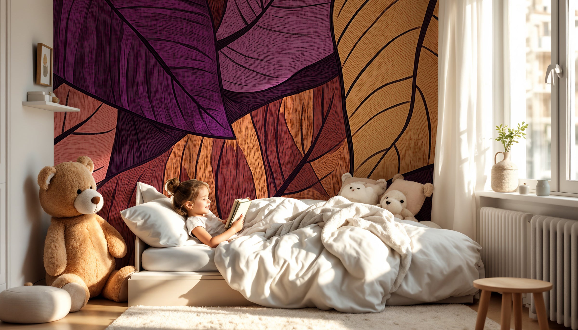 Large Scale Colourful Tree Leaves Mural - Purple and Yellow Botanical