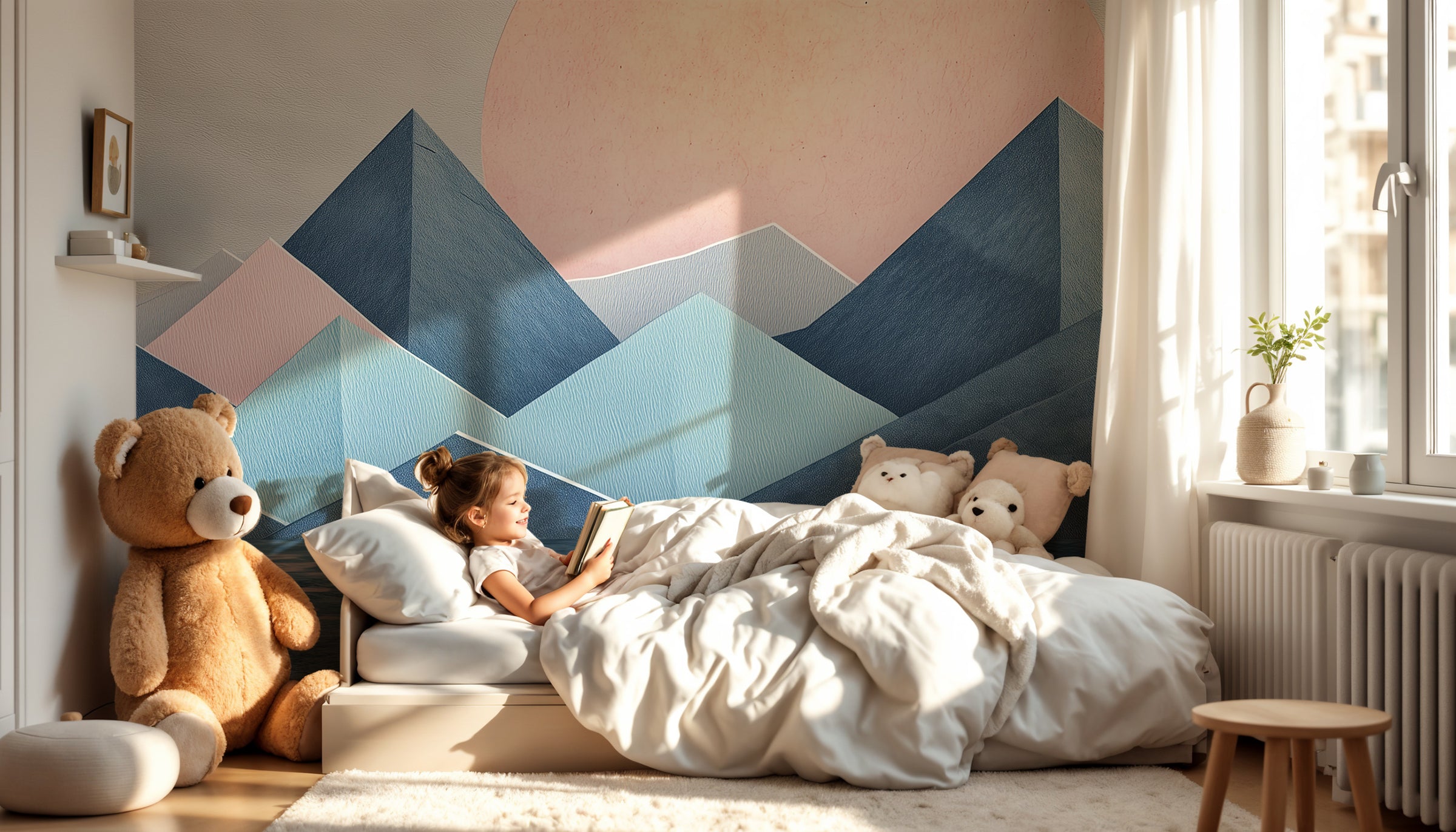 Abstract Blue Mountains in Cubism Style Mural - Peel and Stick Sunset