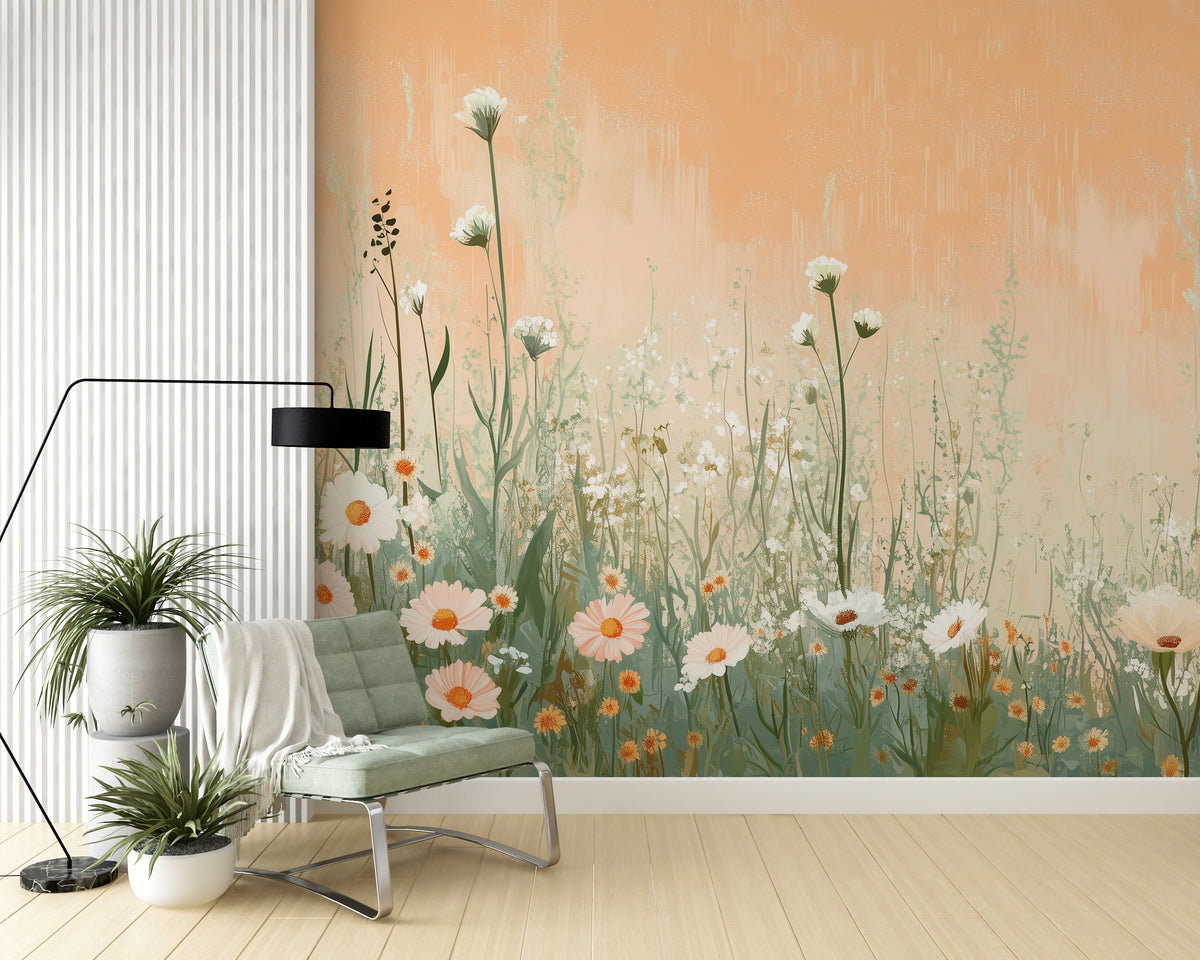 Peach Color Flower Field Mural - Soft Kids Room Wild Daisies Wallpaper