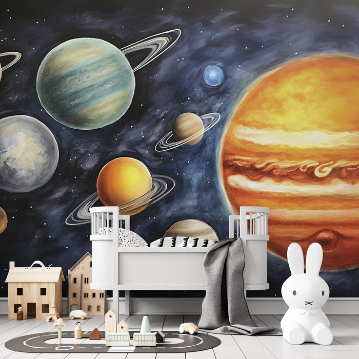 Solar System Mural - Watercolor Planets Wallpaper