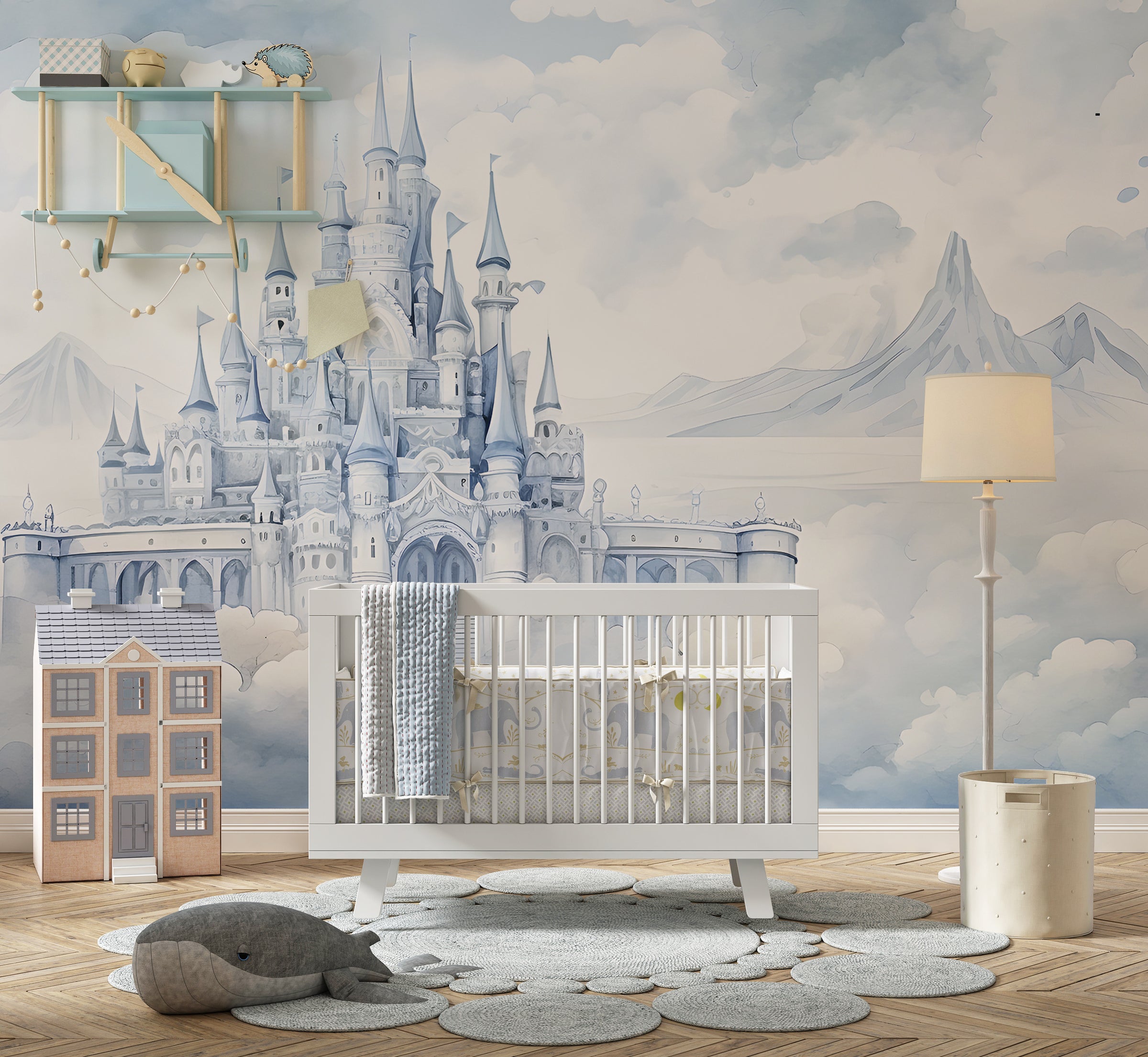 Fairytale Castle Mural - Blue Nursery Peel and Stick Wallpaper