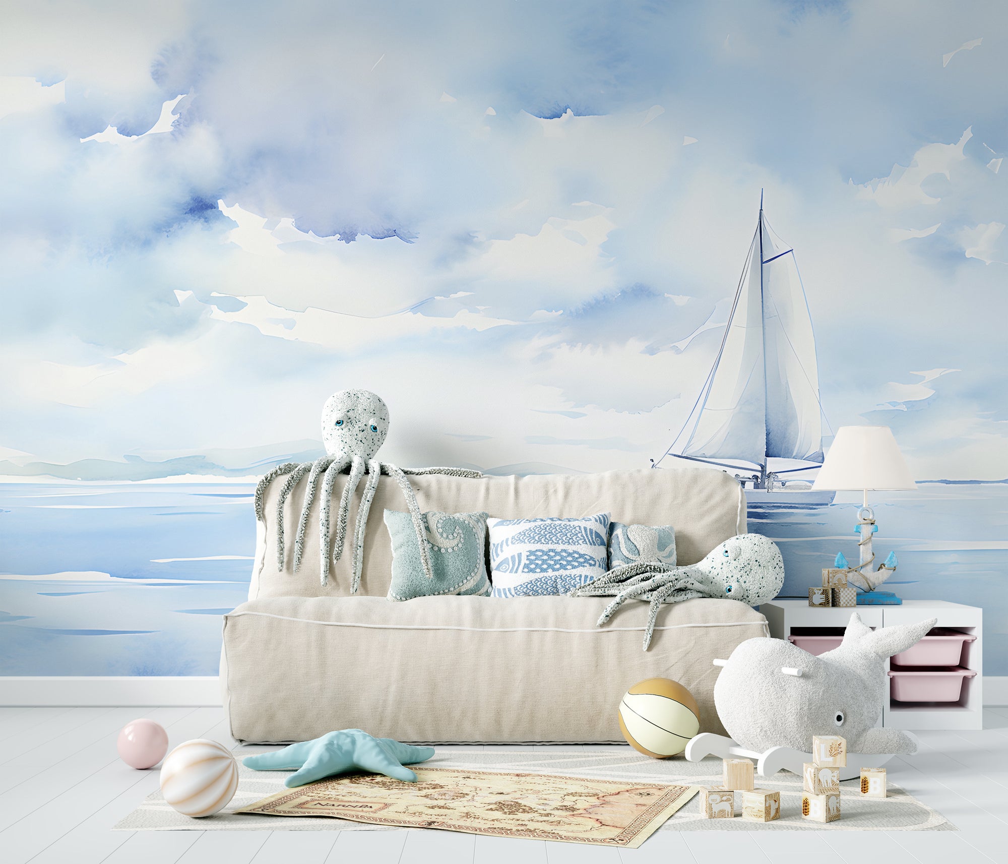 Sailboat Mural - Watercolor Ocean Mural