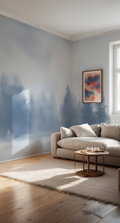 Faded Blue Pine Forest Wall Mural – Misty Woodland Landscape