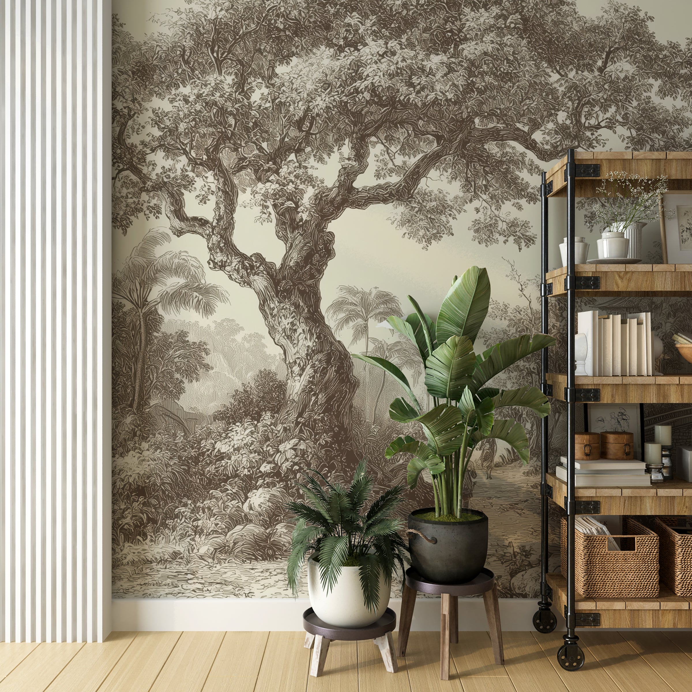 Sepia Japanese Countryside Landscape Mural - Traditional Asian Garden