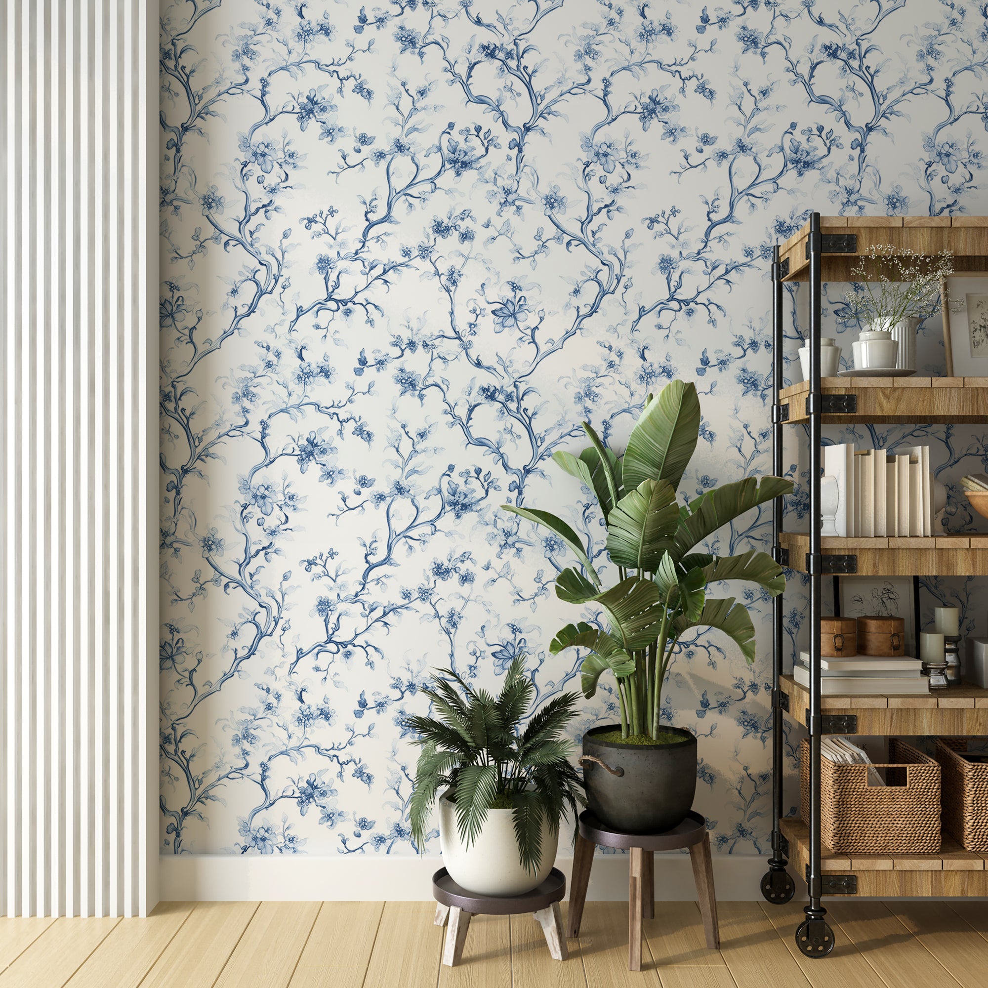 Classic French Botanical Wallpaper - Blue & White Branches Wallpaper