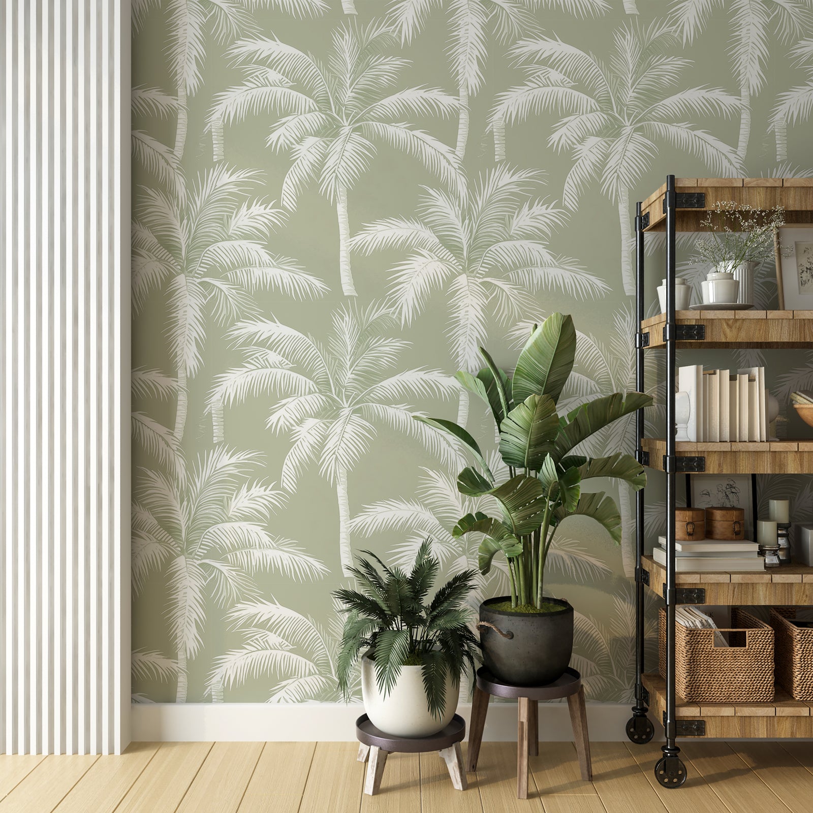 Light Green & White Palm Tree Pattern Wallpaper - Tropical Wall Decor