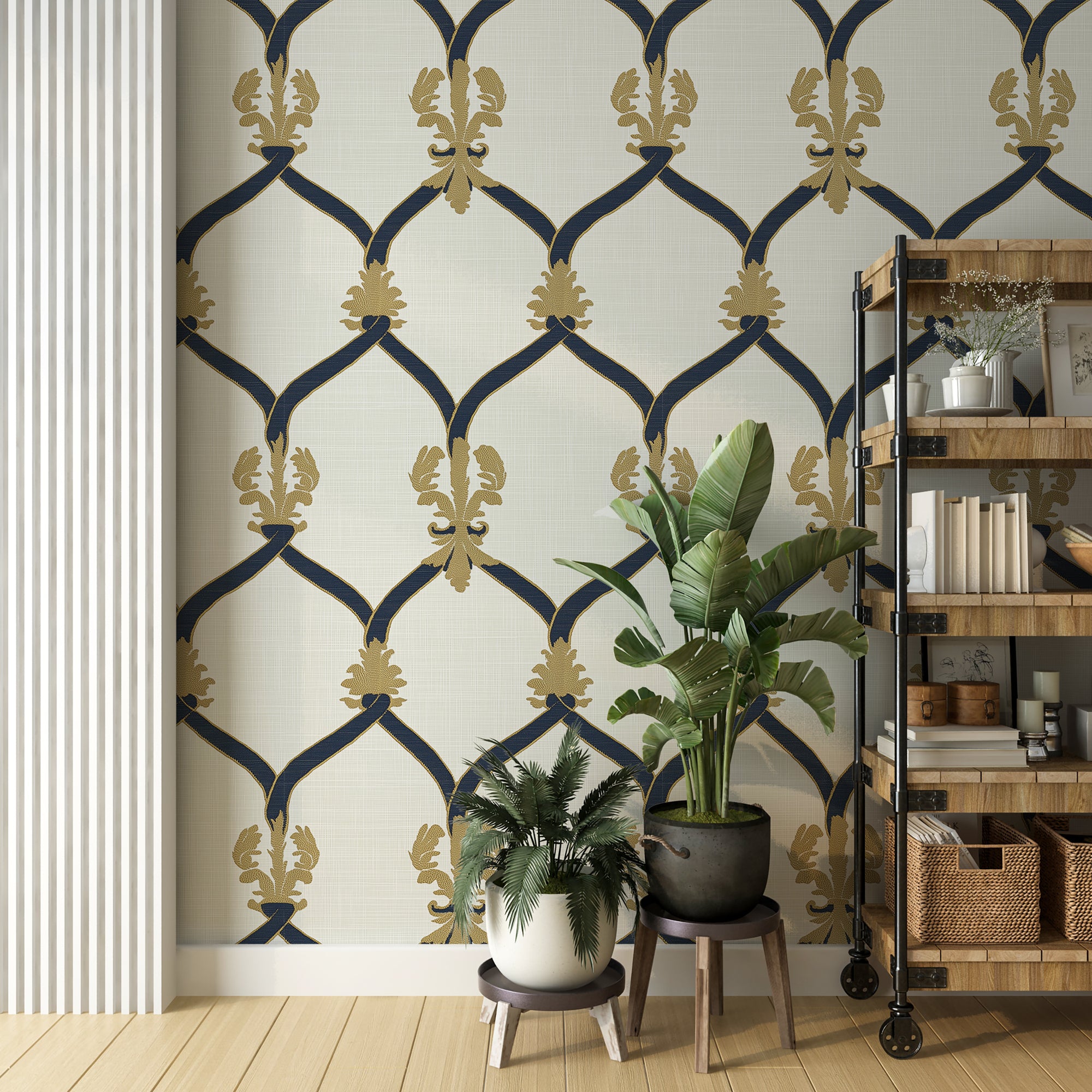 Victorian Classic Wallpaper - Blue and Gold Traditional Pattern Decor