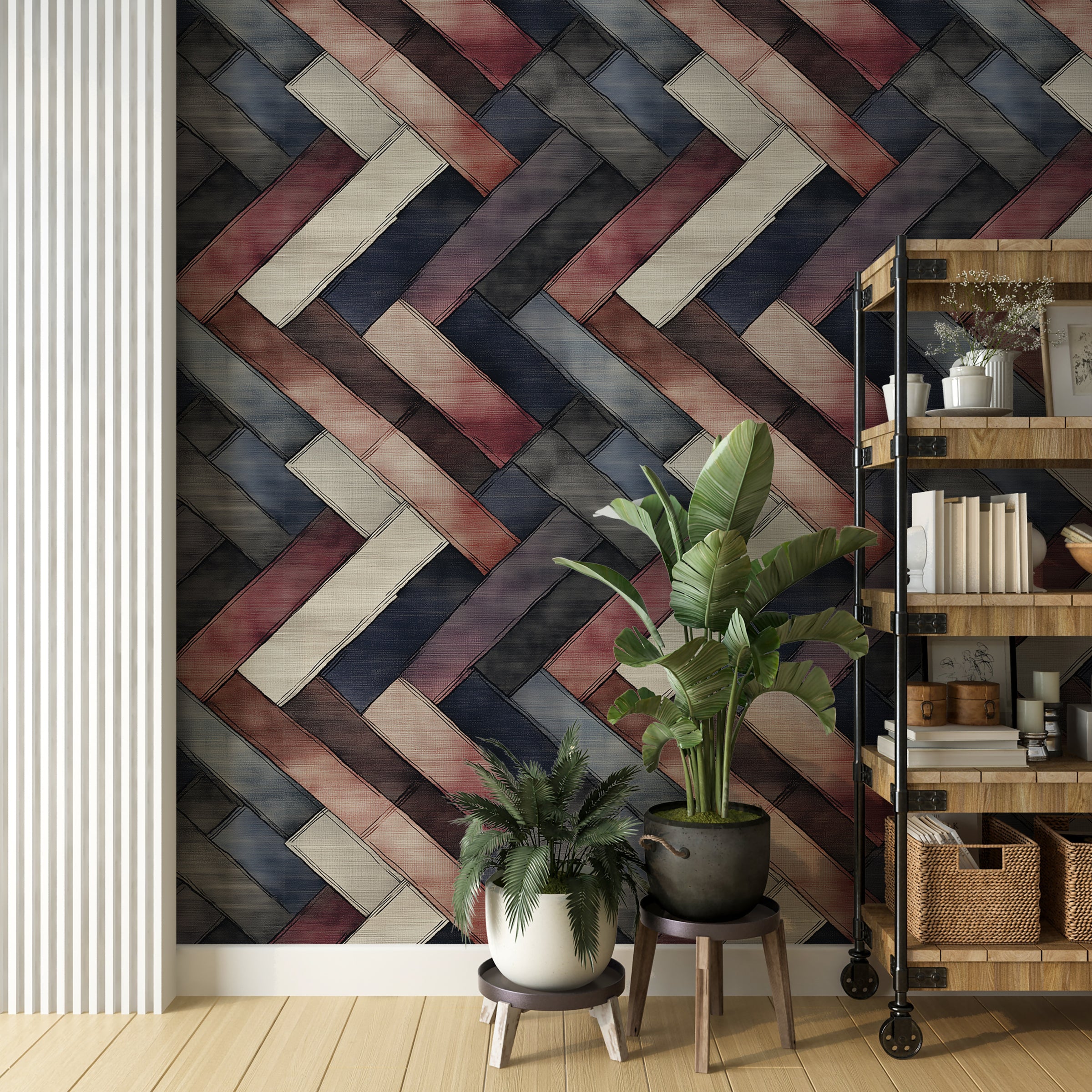 Colorful Accent Wall Herringbone Wallpaper - Dark Bricks Wallpaper