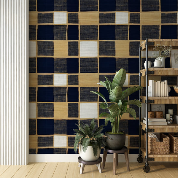 Dark Blue and Gold Squares Wallpaper - Luxury Timeless Geometrical Art