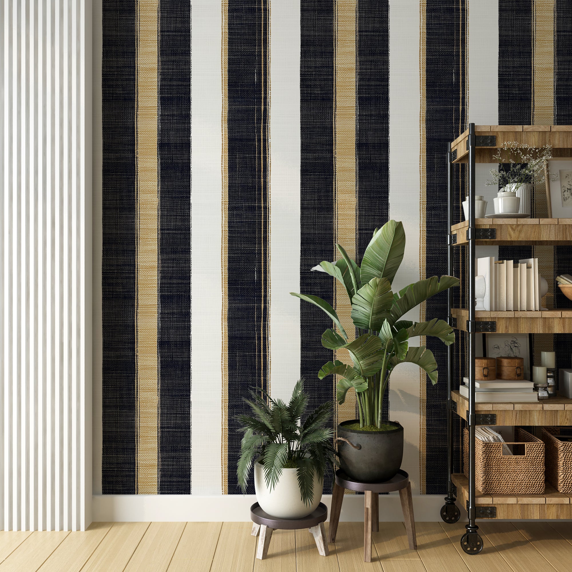 Timeless Luxury Striped Wallpaper - White Blue and Gold Wall Decor