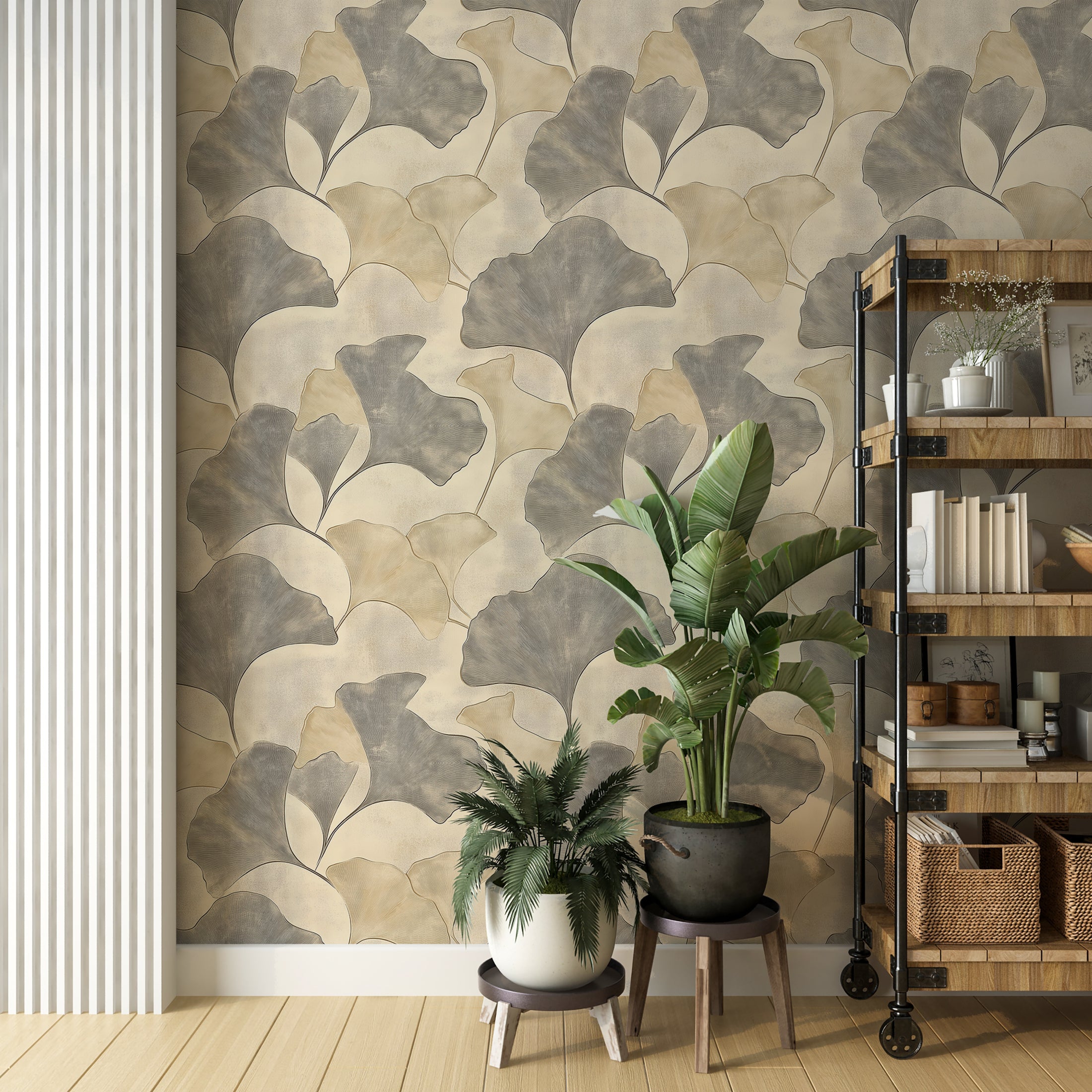 Beige and Grey Leaf Pattern Wallpaper - Luxury Leaves Decor
