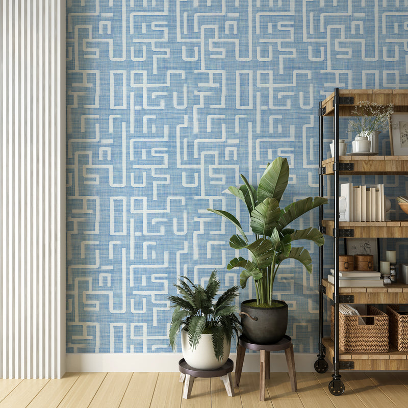 Blue and White Line Art Wallpaper - Classic Geometry Wall Decor