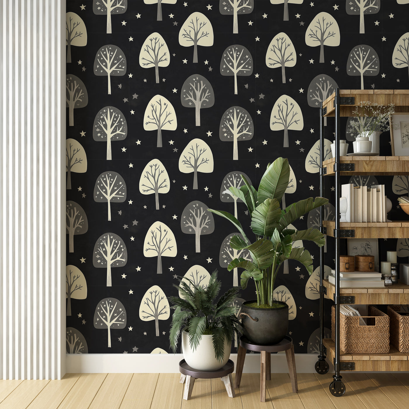 Beige Trees on Dark Background Wallpaper - Trees & Stars Wall Covering