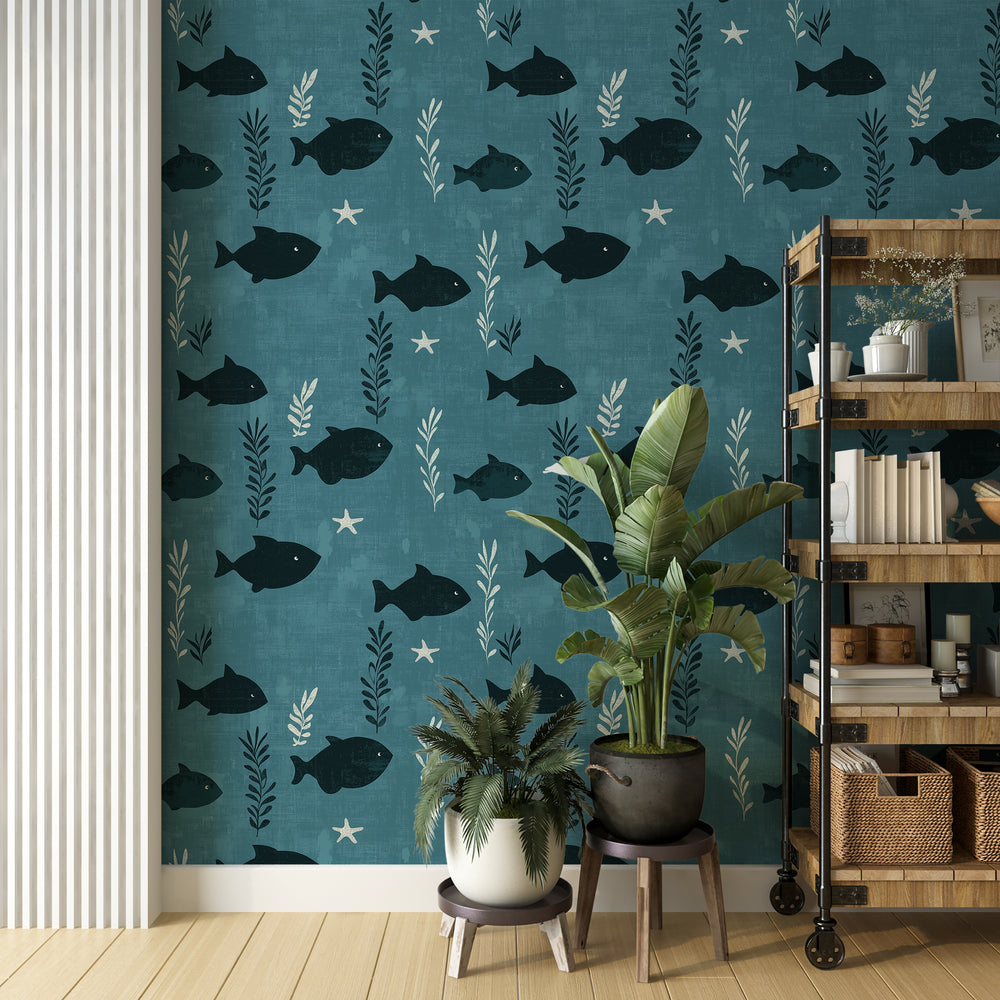 Dark Teal Fish Pattern Wallpaper - Peel and Stick Underwater Life