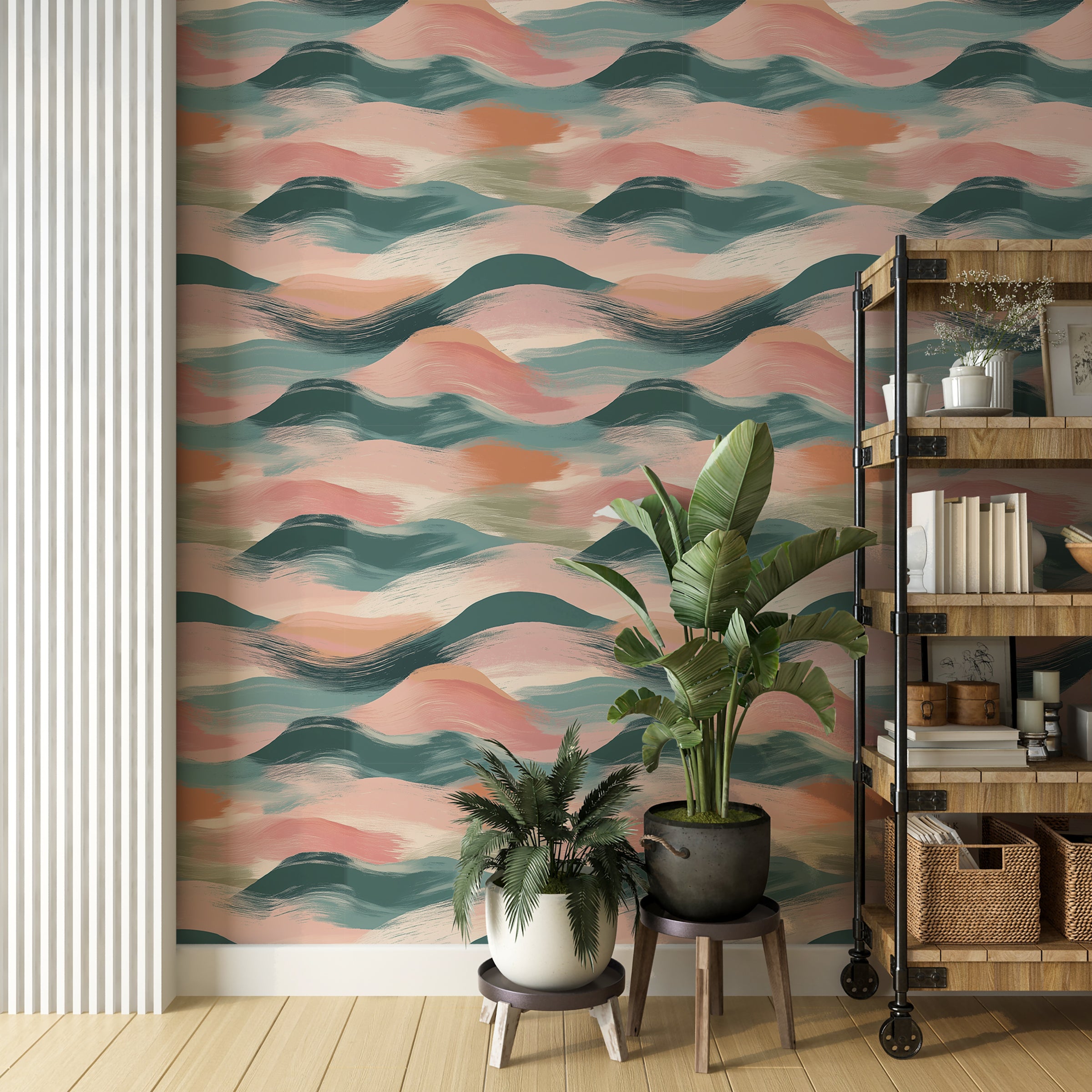 Pink and Green Abstract Waves Wallpaper - Peel and Stick Brushed Lines