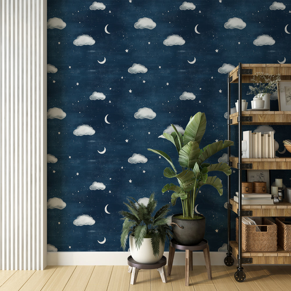 Nursery Dark Blue Stars and Clouds Wallpaper - Starry Night Wall Decor