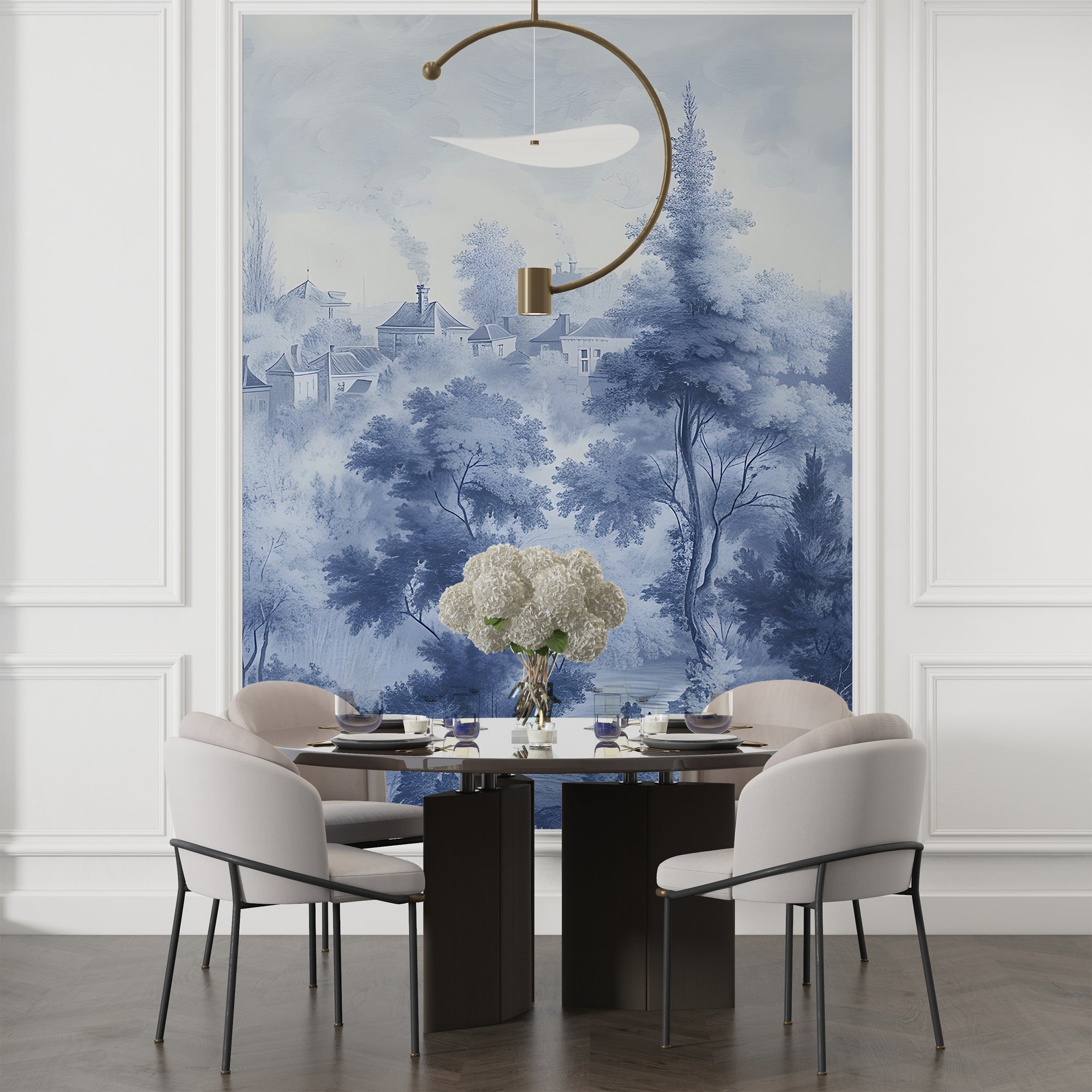 Blue Monochrome Trees and Village Mural - Toile de Jouy Style Mural