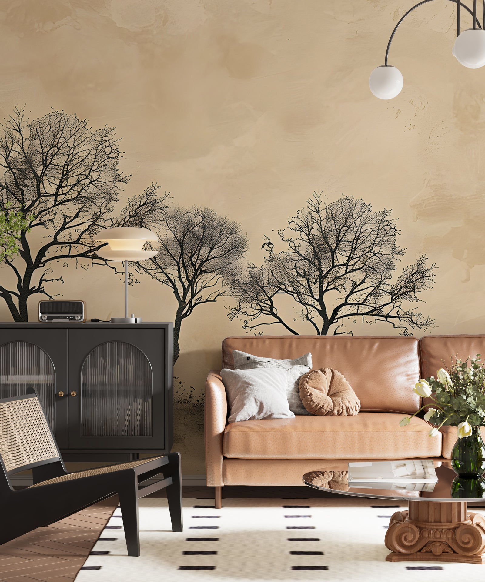 Trees on Beige Background Mural - Beige Decorative Plaster Wallpaper