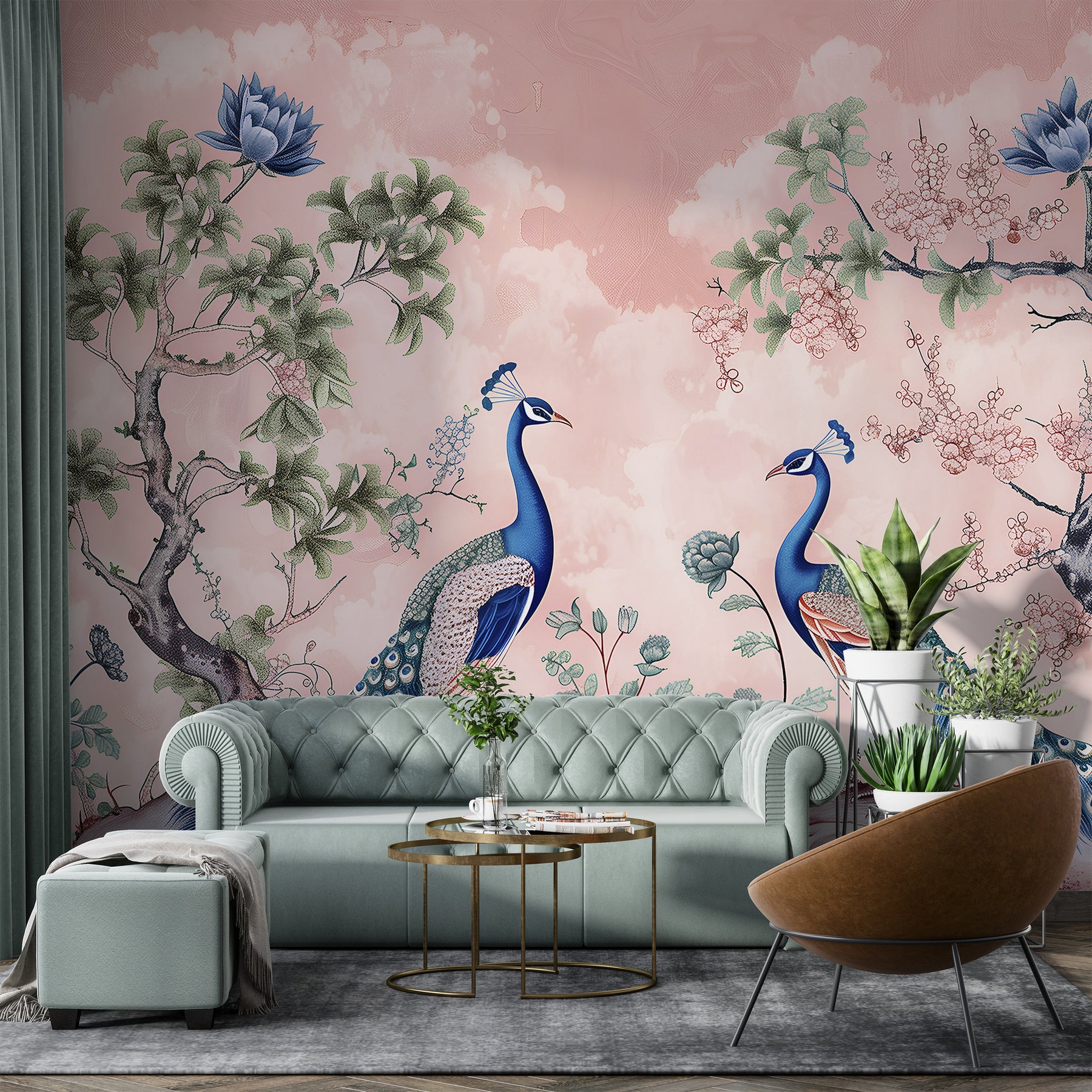 Soft Pink Chinoiserie Mural - Peacock Wallpaper
