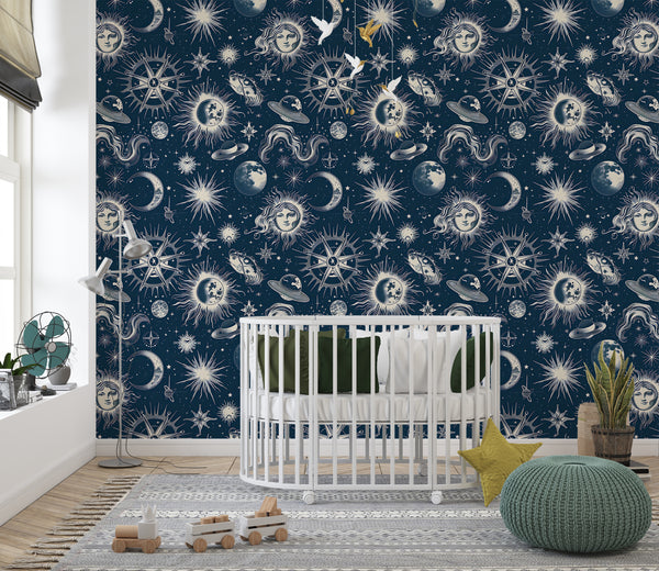 Celestial Wallpaper - Dark Blue Astrology Symbols Wallpaper