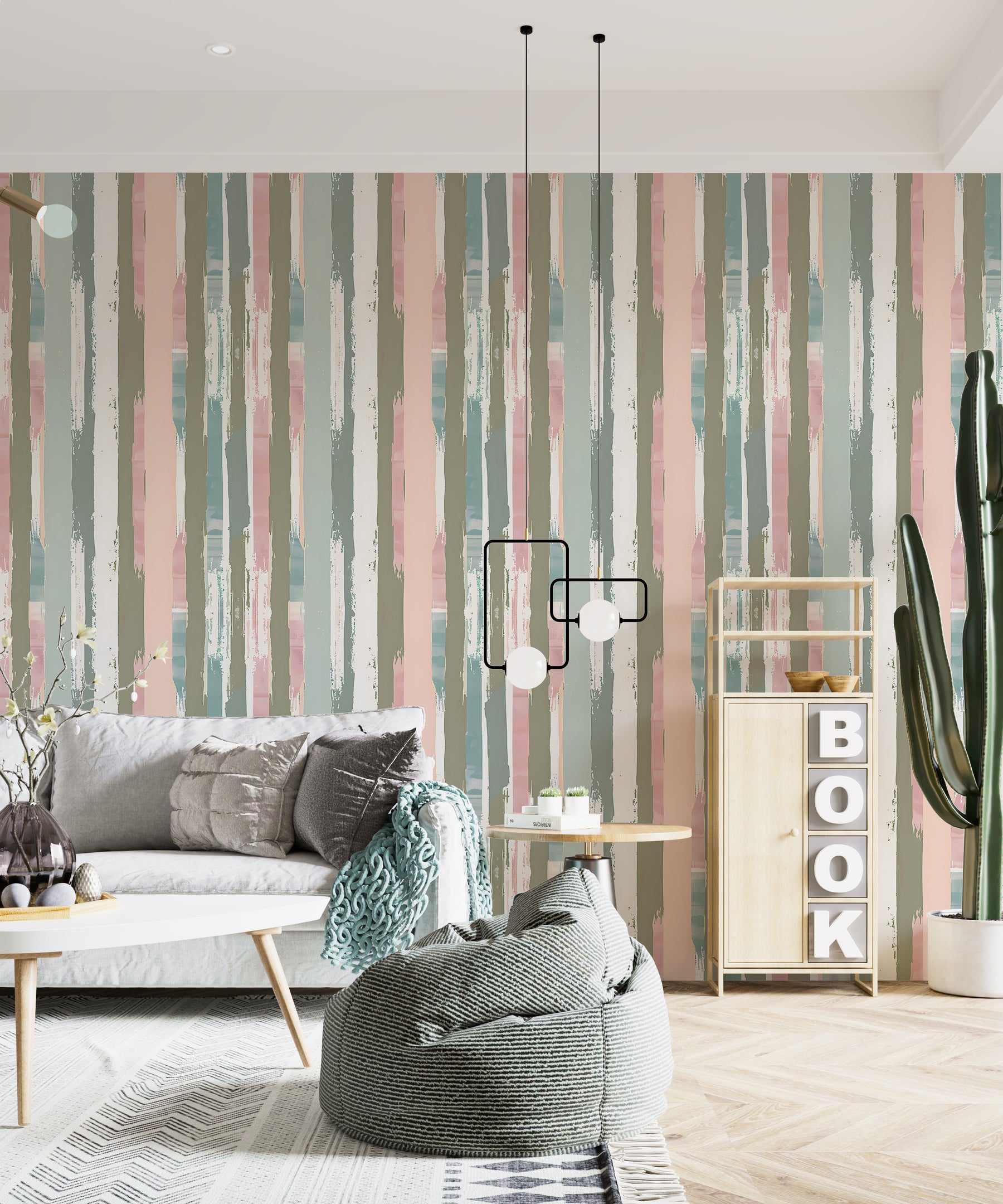 Soft Green and Pink Striped Wallpaper - Peel and Stick Ragged Stripes