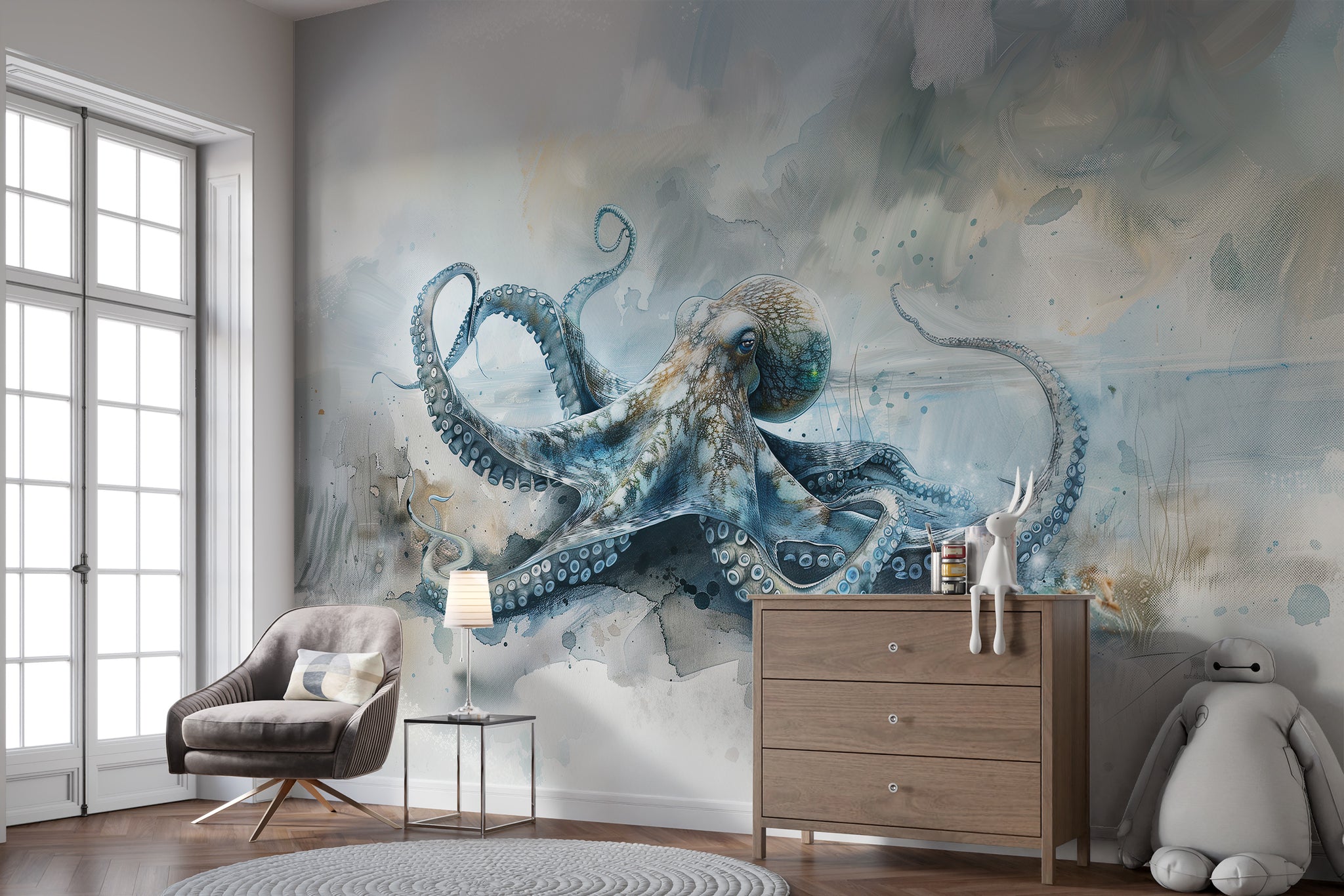 Watercolor Octopus Wall Mural - Underwater Life Wallpaper