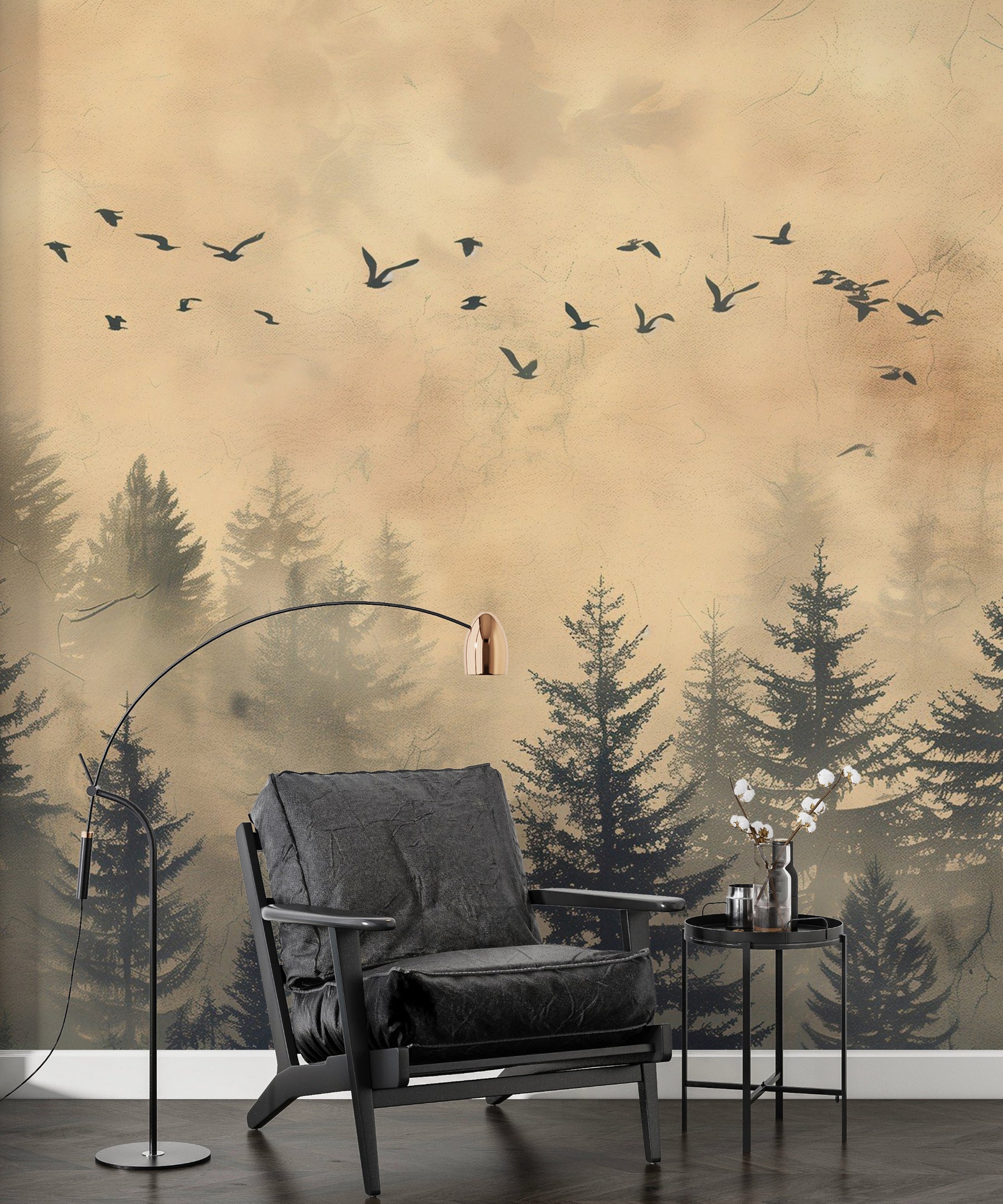 Birds and Pine Forest Vintage Mural - Beige Foggy Forest Wallpaper