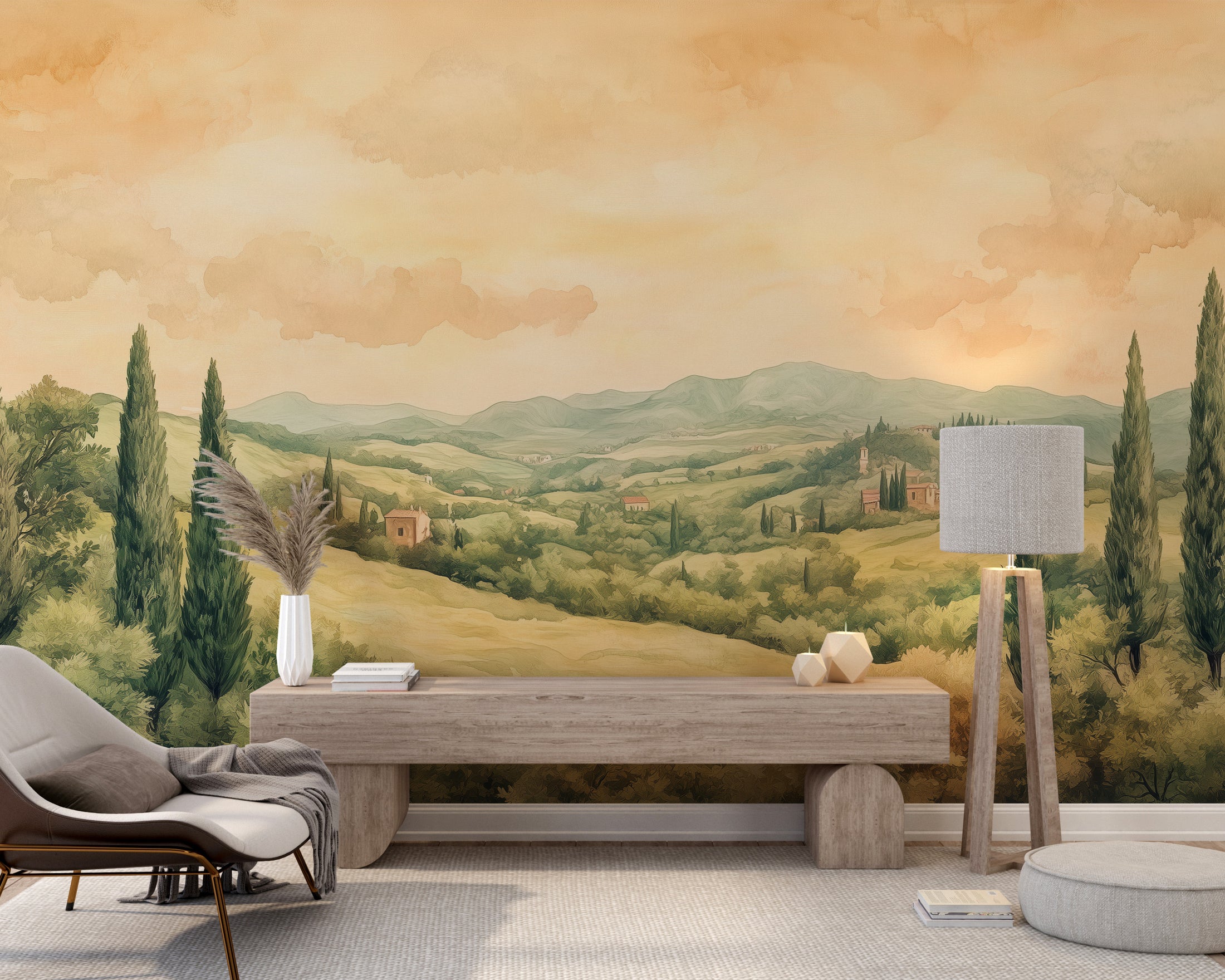 Retro Scenic Wallpaper - Vintage Italian Watercolor Landscape Mural