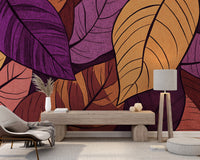 Large Scale Colourful Tree Leaves Mural - Purple and Yellow Botanical