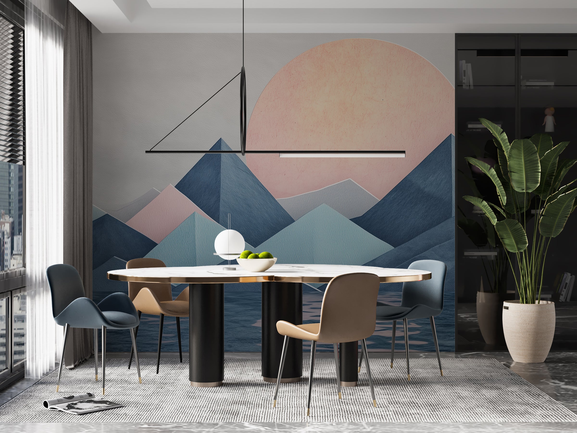 Abstract Blue Mountains in Cubism Style Mural - Peel and Stick Sunset