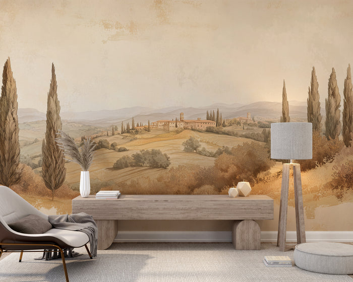 Beige Watercolor Vintage Landscape Mural - House & Trees Retro Scenic