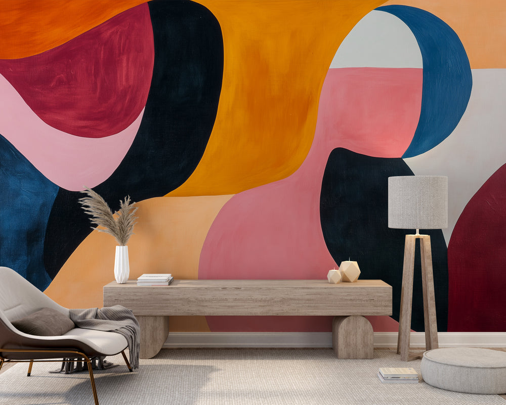 Colorful Mid Century Modern Wall Mural - Pink, Yellow and Black Mural