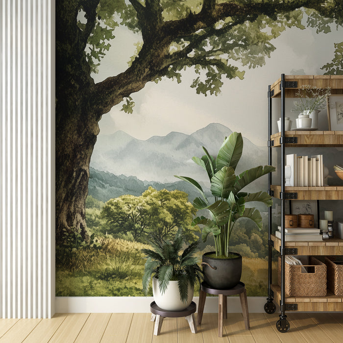 Hanging Tree Branch Scenic Wallpaper - Mountain Valley Landscape Mural