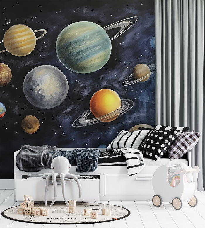 Solar System Mural - Watercolor Planets Wallpaper
