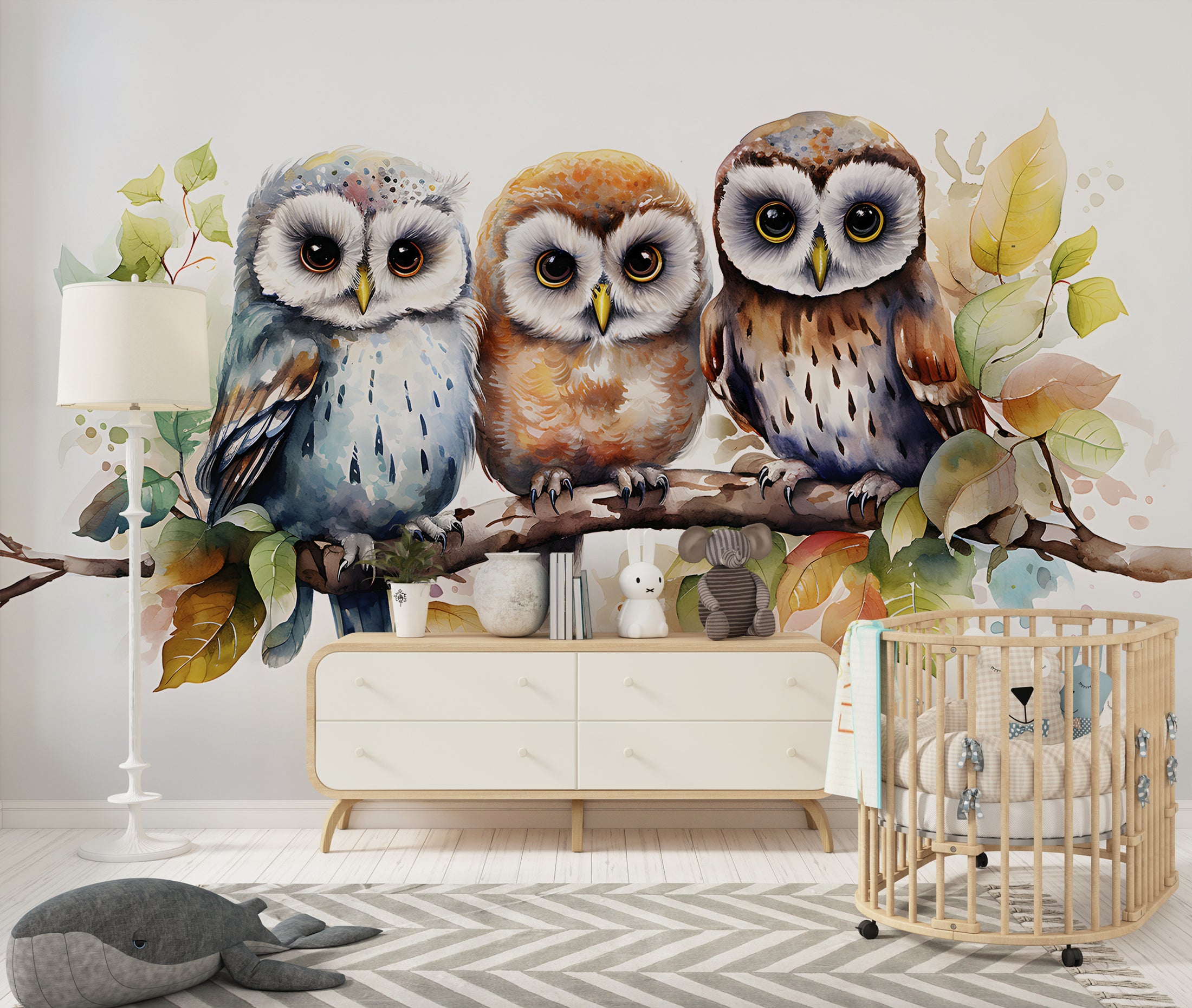 Watercolor Owls Mural - Colorful Birds Wallpaper