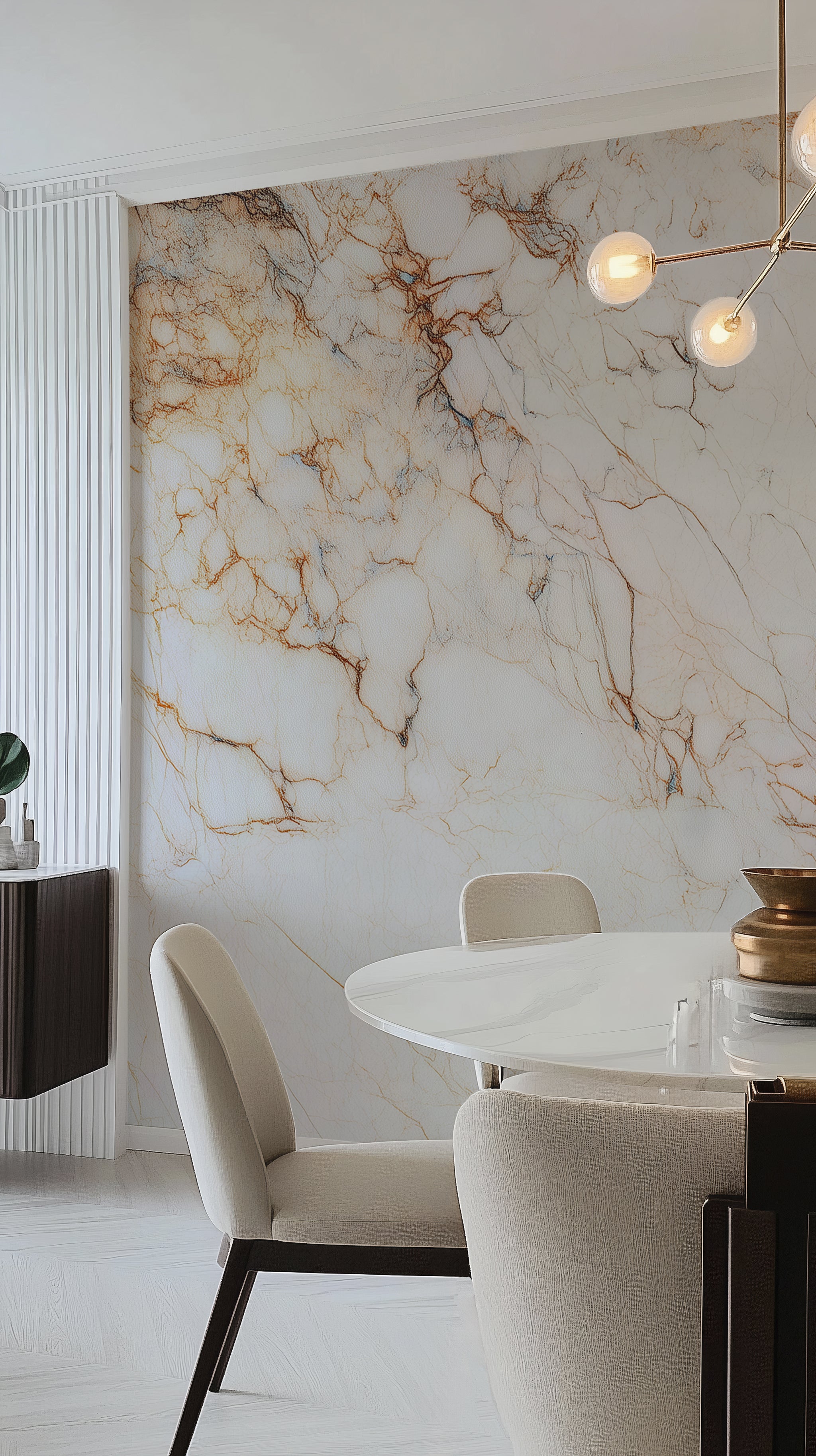 White and Beige Marble Wall Mural with Light Stone Texture and Brown V