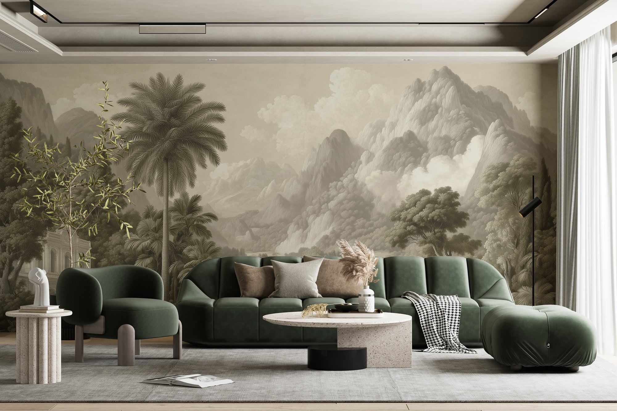 Sepia Jungle Wall Mural - Monochrome Tropical Landscape Wallpaper