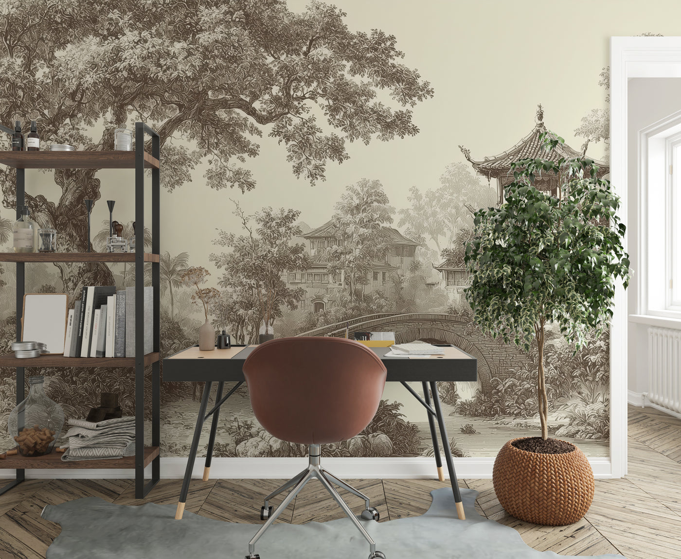 Sepia Japanese Countryside Landscape Mural - Traditional Asian Garden