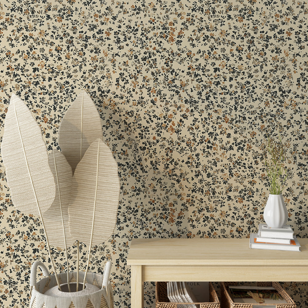 Small Flowers Pattern Wallpaper - Beige Floral Wall Decor