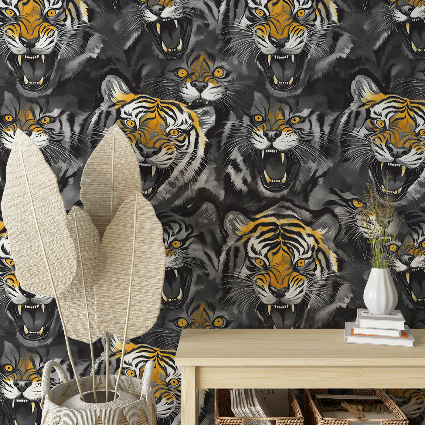 Dark Tiger Print Wallpaper - Orange and Grey Safari Animal Print Art