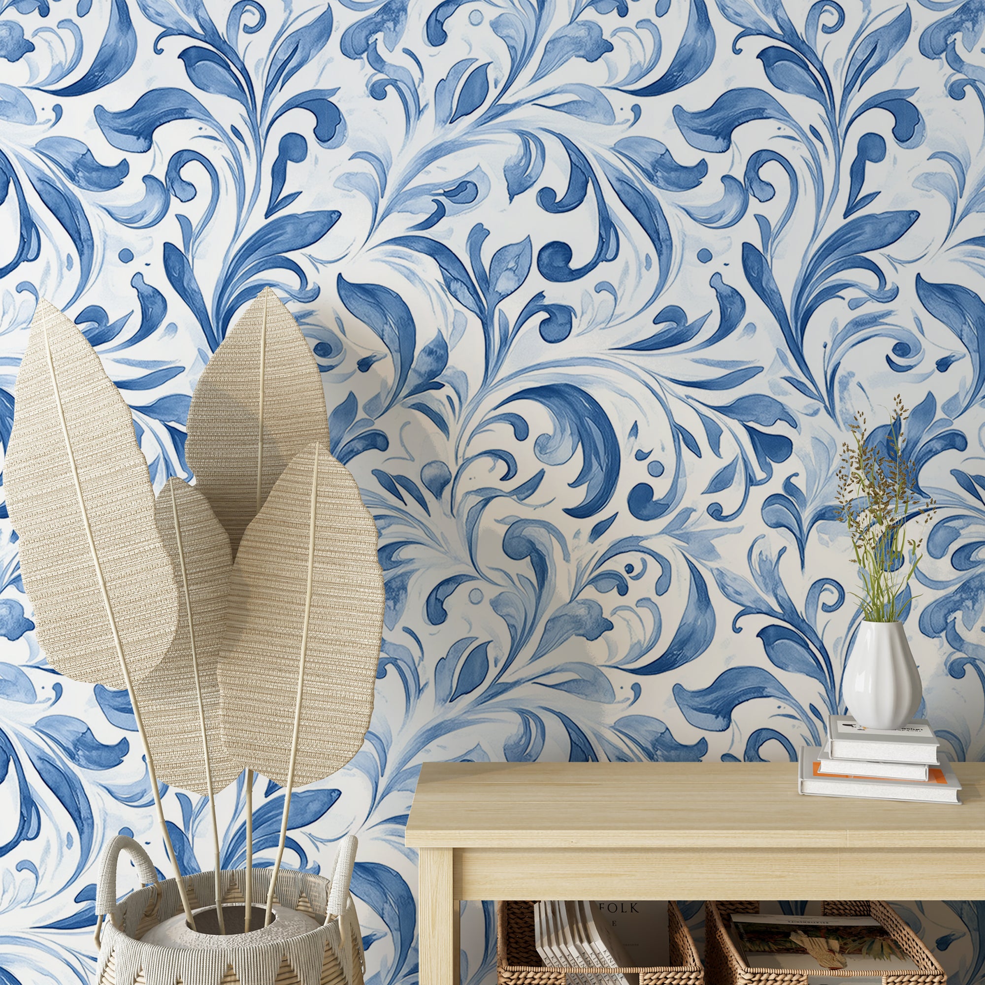 Watercolor Blue and White Abstract Leaves Wallpaper - Filigree Pattern