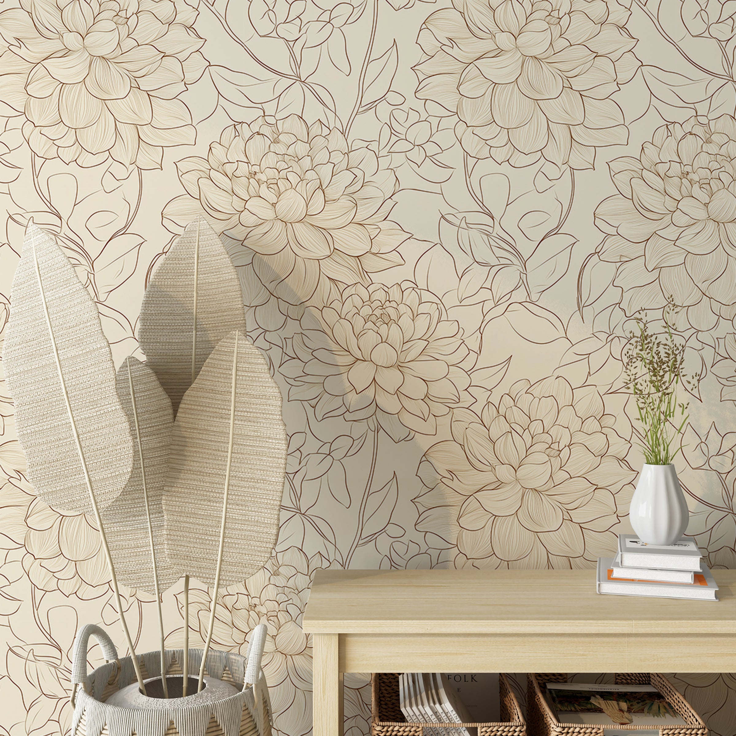 Beige Floral Wallpaper - Peonies Flower Pattern Wallpaper