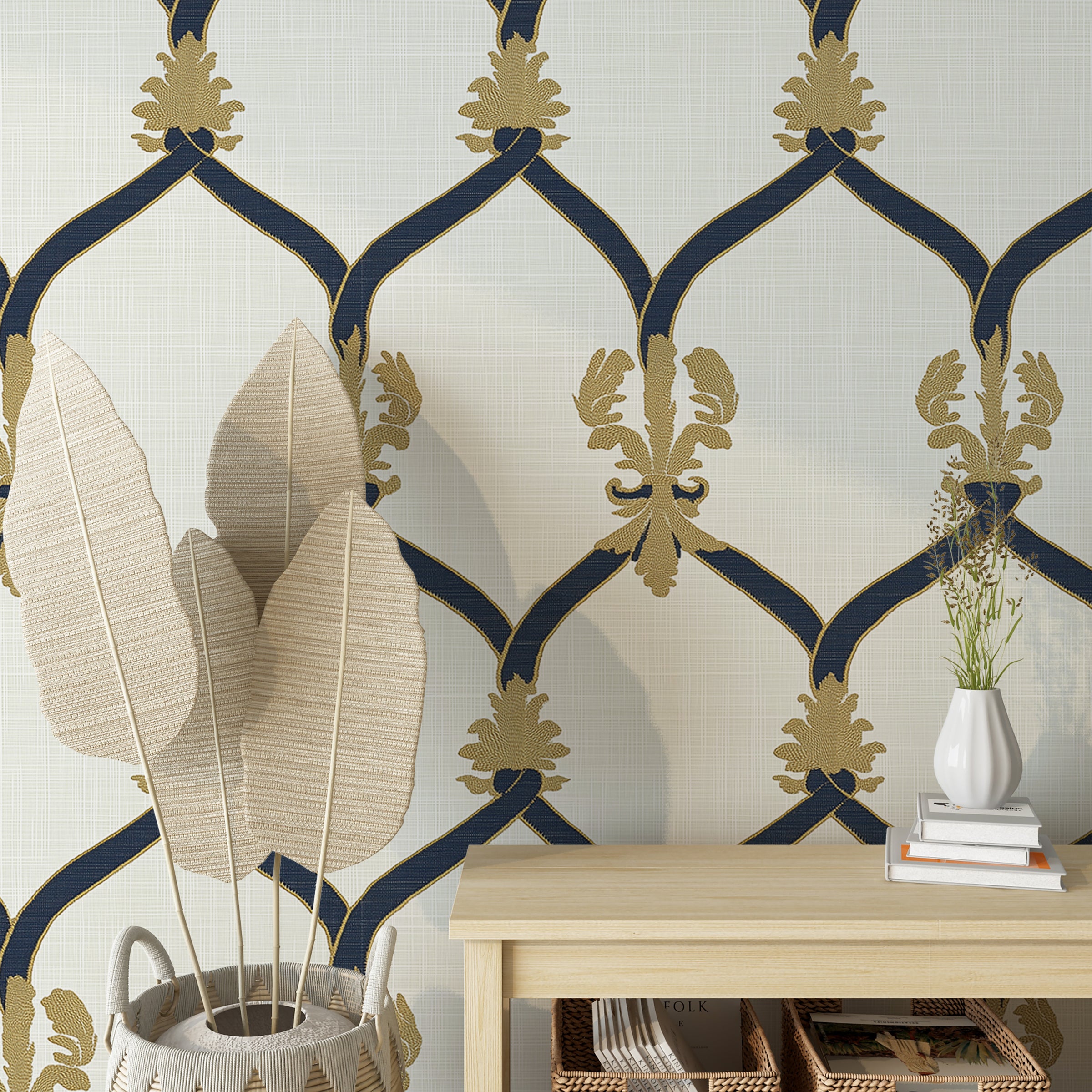 Victorian Classic Wallpaper - Blue and Gold Traditional Pattern Decor