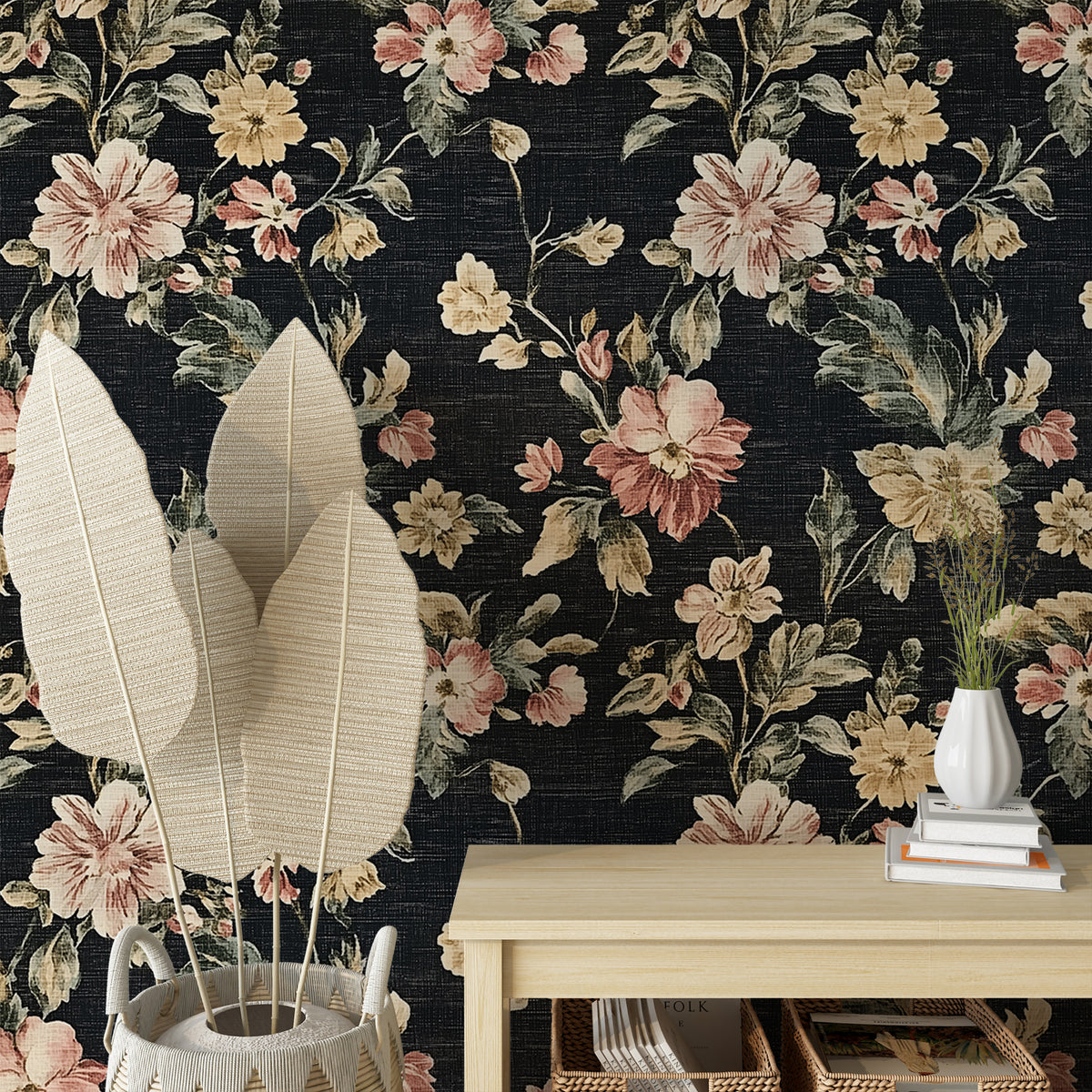 Rich Colors Floral Pattern Wallpaper - Vintage Dark Botanical Wall Decor