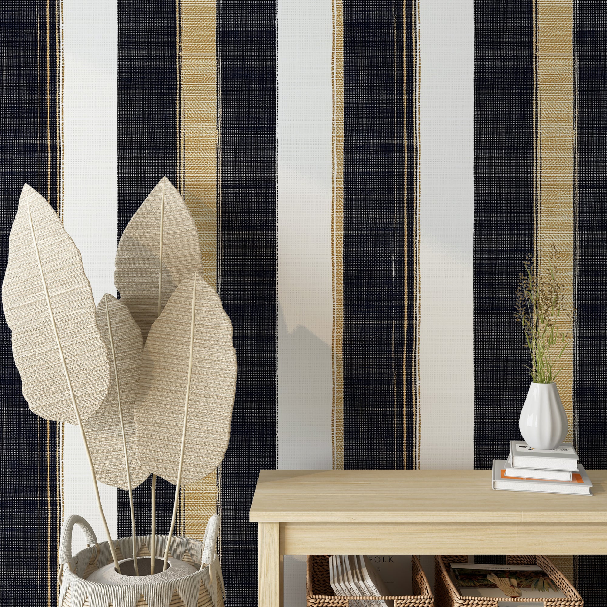 Timeless Luxury Striped Wallpaper - White Blue and Gold Wall Decor