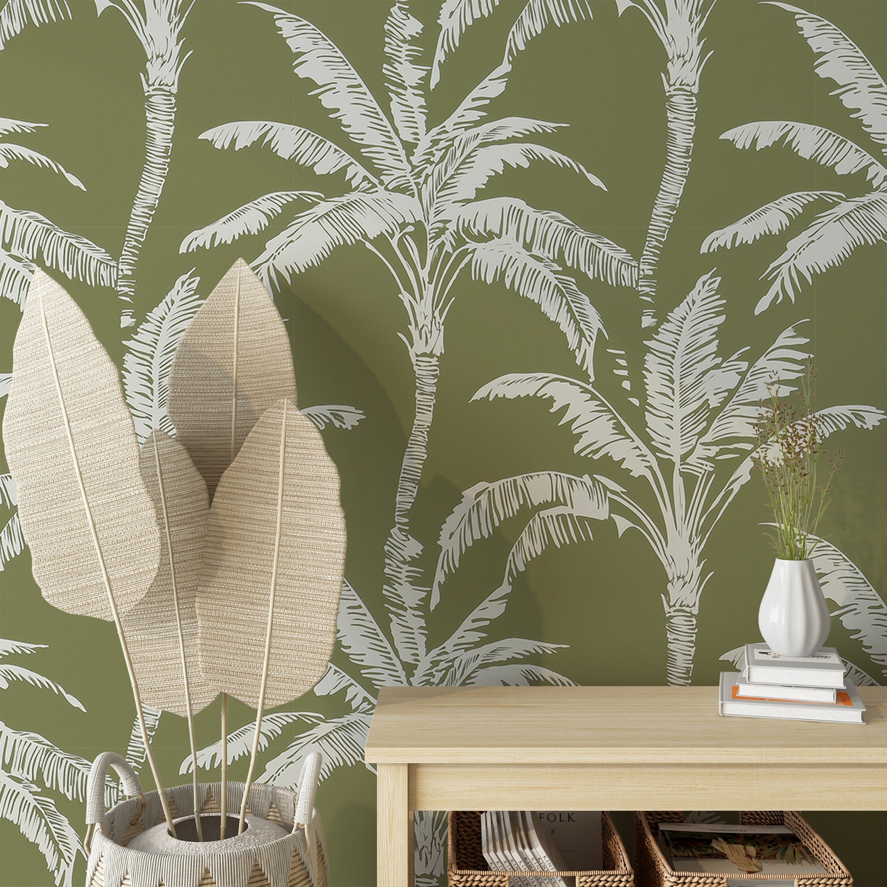 Olive Color Tropical Wallpaper - Palm Trees Pattern Wallpaper