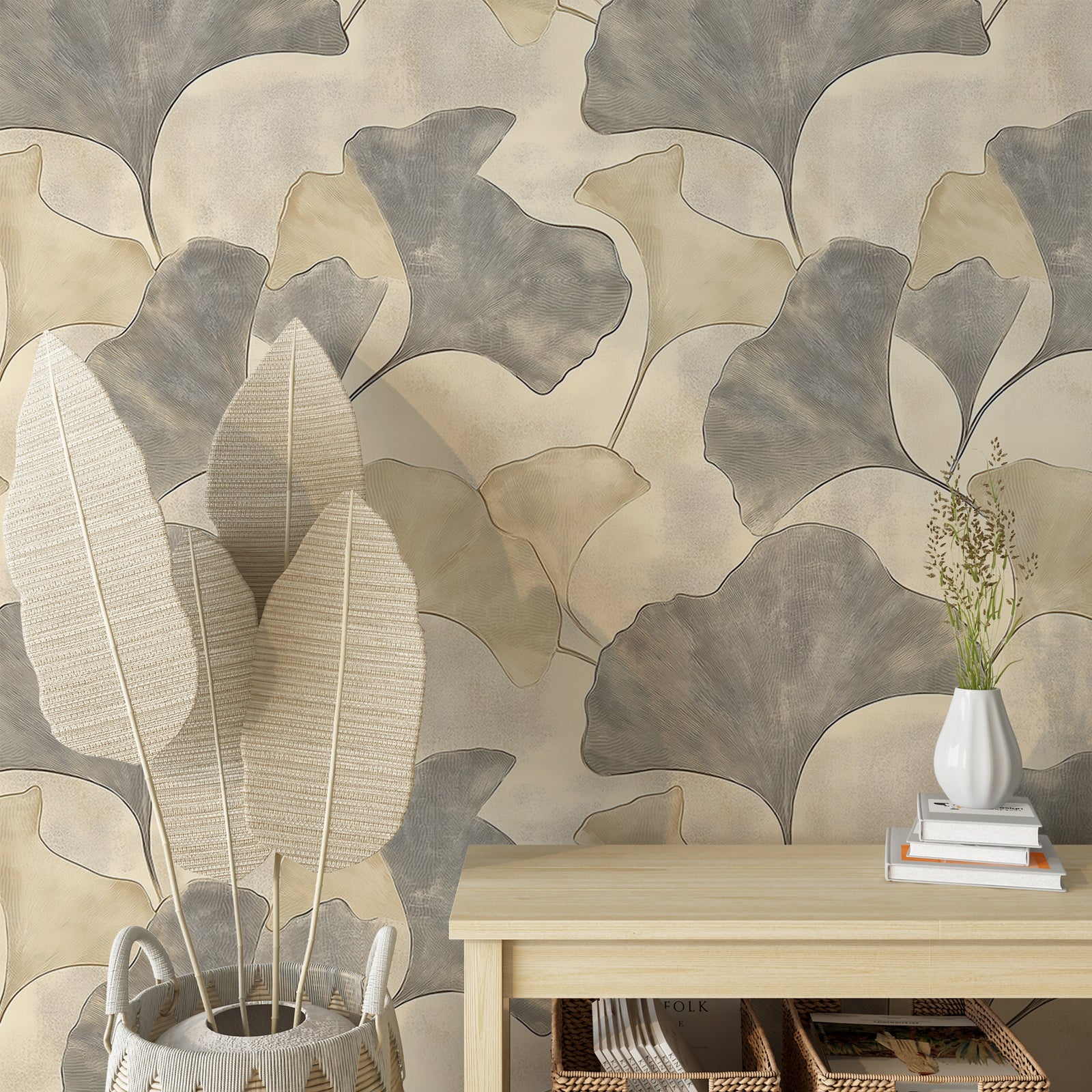 Beige and Grey Leaf Pattern Wallpaper - Luxury Leaves Decor