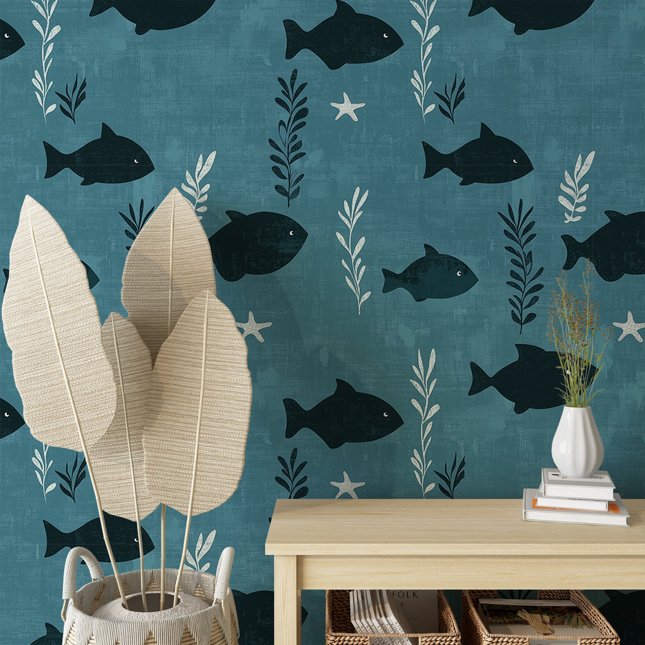 Dark Teal Fish Pattern Wallpaper - Peel and Stick Underwater Life